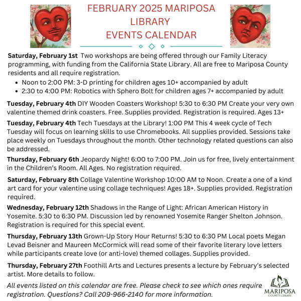 Upcoming Mariposa County Library Calendar of Events for February 2025