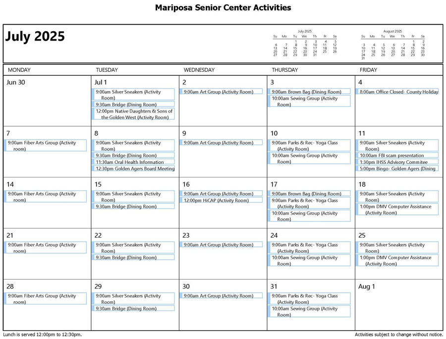 Mariposa County Senior Menu & Activities for July 2025