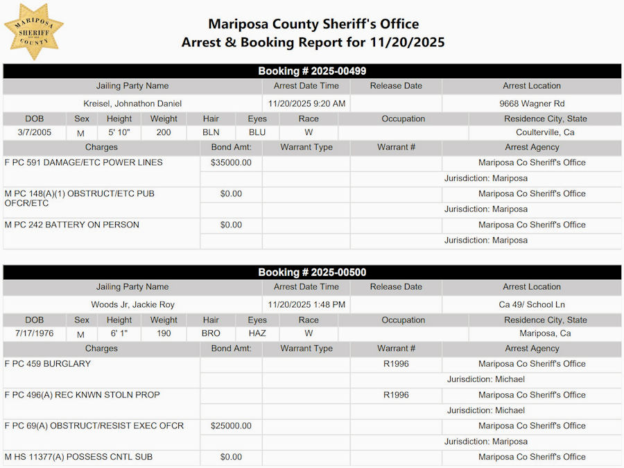 Mariposa County Daily Sheriff and Booking Report for Thursday, November ...